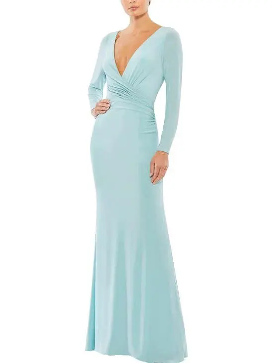 Mac Duggal Long Sleeve Ruched Jersey V-neck Gown - Powder Blue