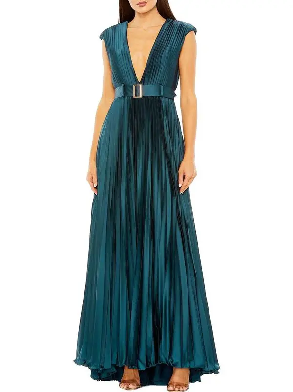 Mac Duggal Pleated Belted Gown - Midnight