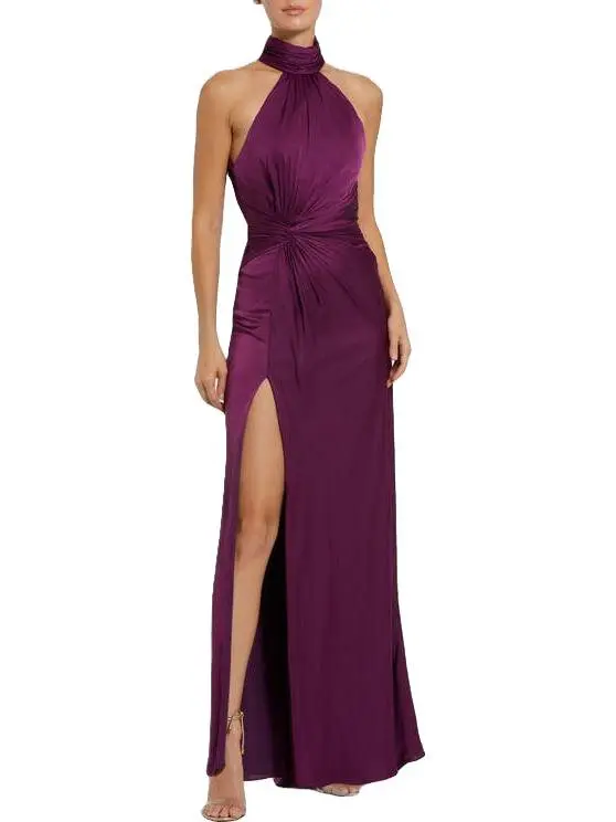 Mac Duggal Open Back High Neck Gown - Plum