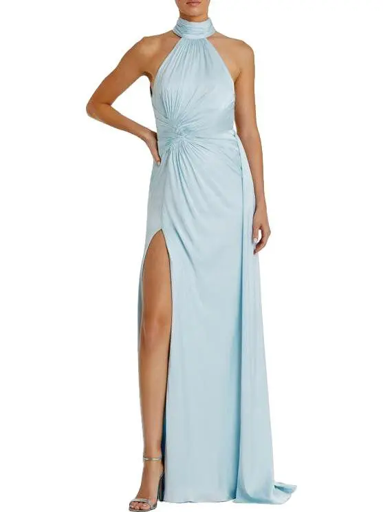 Mac Duggal Open Back High Neck Gown - Powder Blue