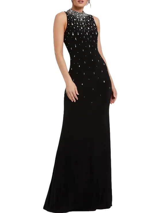 Mac Duggal High Neck Sleeveless Beaded Jersey Fitted Gown - Black