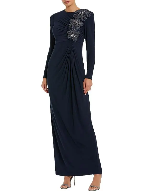 Mac Duggal Jersey Gown With 3d Floral Appliqués - Midnight