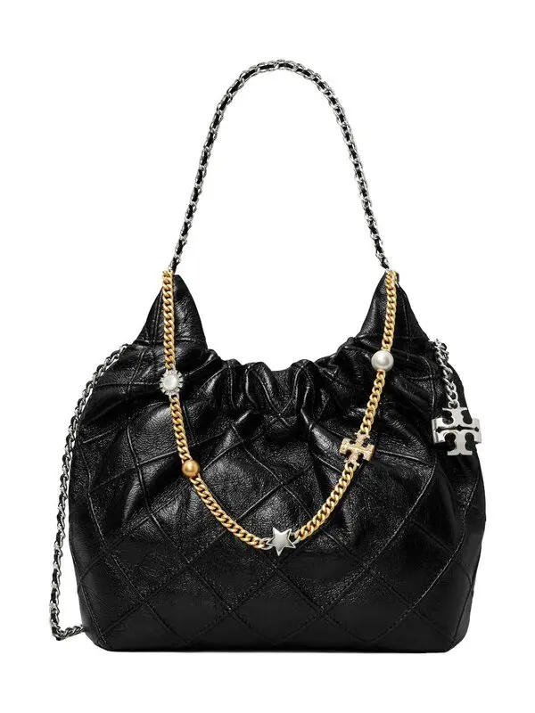 Tory Burch Mini Fleming Distressed Leather Hobo Bag - Black