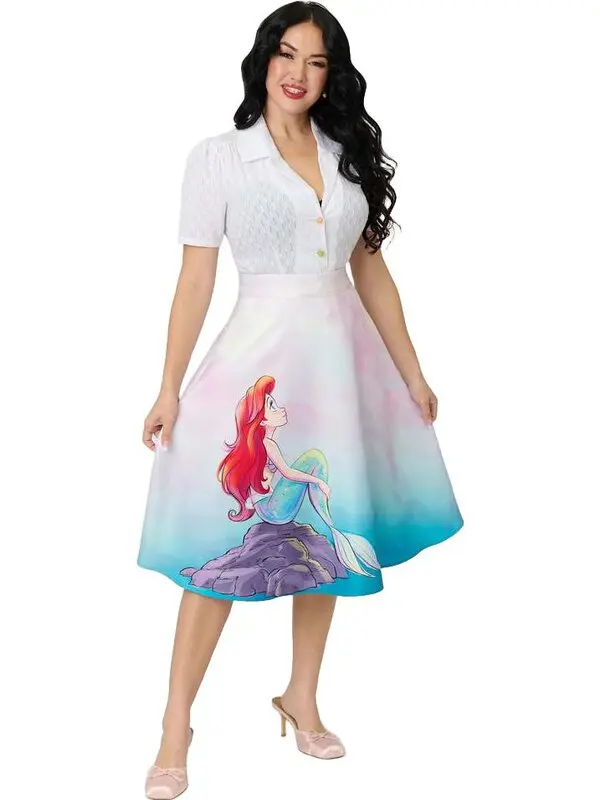 Unique Vintage Vivien Swing Skirt - White Mermaid Print