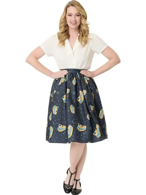 Unique Vintage Printed Woven Gellar Skirt - Navy