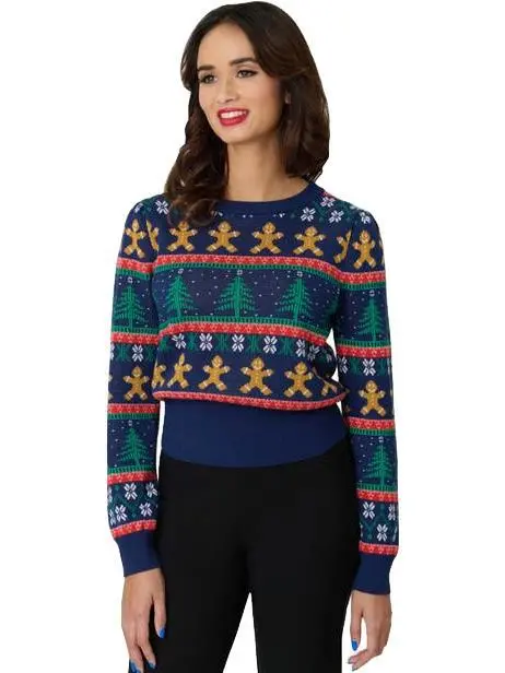 Unique Vintage Fair Isle Knit Sweater - Navy Gingerbread Print