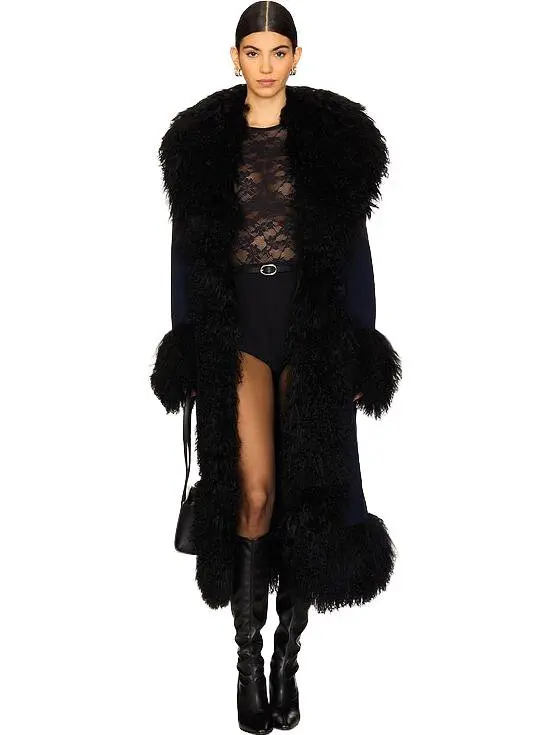 SUSANNA CHOW Dorothy Suede Maxi Coat With Fur Trim - Navy Blue & Black