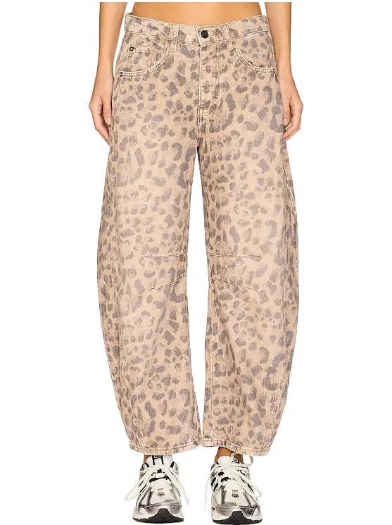 Free People X We The Free Good Luck Printed Mid Rise Barrel Jeans - Brown