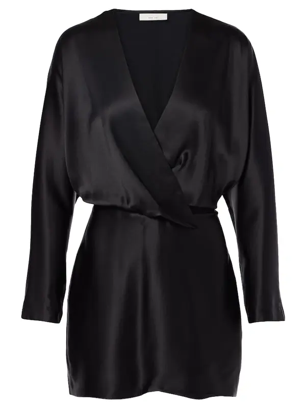 THE SEI Silk Satin Mini Wrap Dress - Black