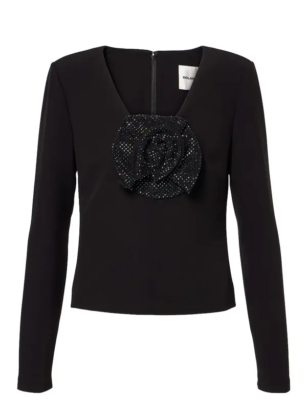 Roland Mouret Floral-appliqué Embellished Crêpe Top - Black