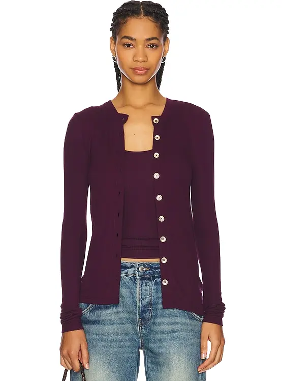 Goldie Classic Cardigan With Gold Button - Aubergine