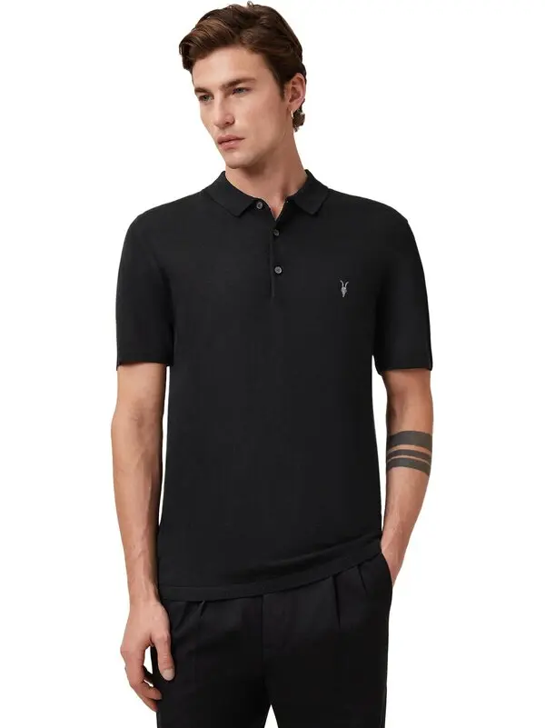 ALLSAINTS Mode Merino Short Sleeve Ramskull Polo Shirt - Black