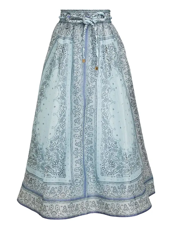 Zimmermann Paisley-print Linen And Silk-blend Gauze Maxi Skirt - Sky Blue
