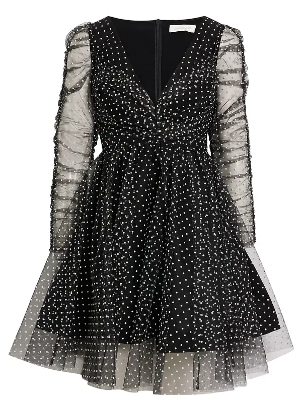 Zimmermann Ruched Flocked Polkadot Tulle Mini Dress - Black