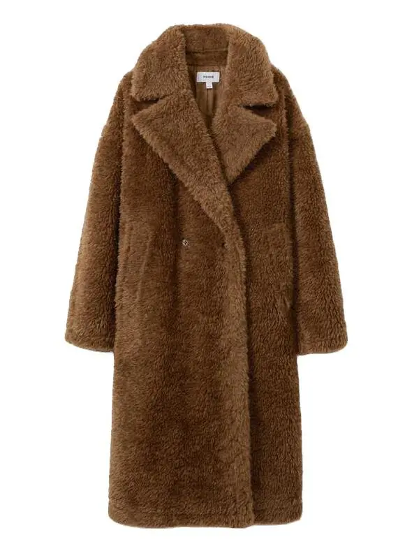 REISS Darla Double Breasted Faux Fur Coat - Brown