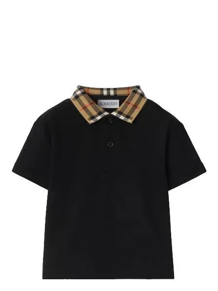 Burberry Check Collar Cotton Polo Shirt - Black