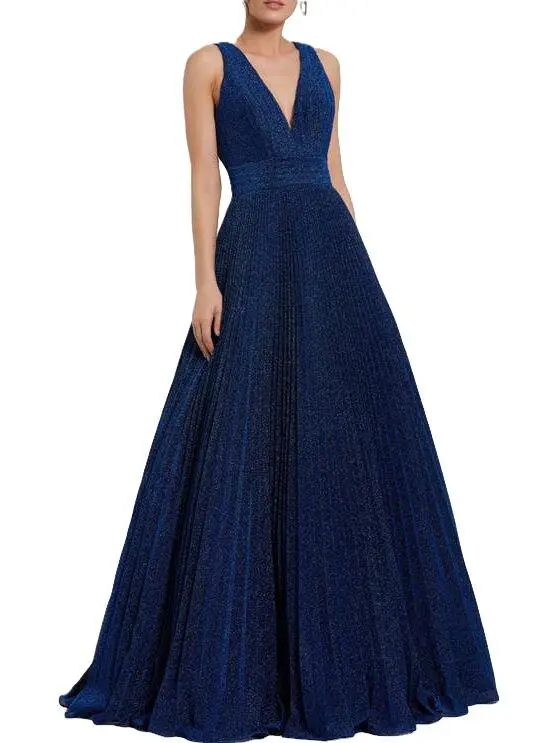 Mac Duggal Shimmering Georgette Pleated Gown - Royal
