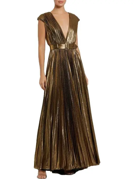 Mac Duggal Pleated Metallic Jersey Gown With Belt - Bronze