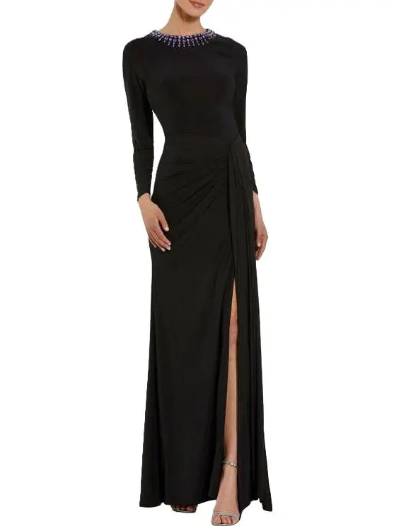 Mac Duggal Long Sleeve Jersey Ruched Gown With Beaded Neck - Black
