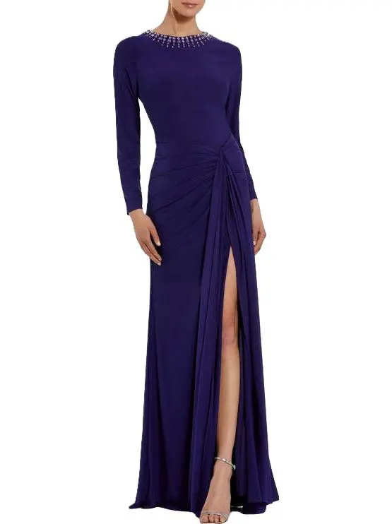 Mac Duggal Long Sleeve Jersey Ruched Gown With Beaded Neck - Indigo
