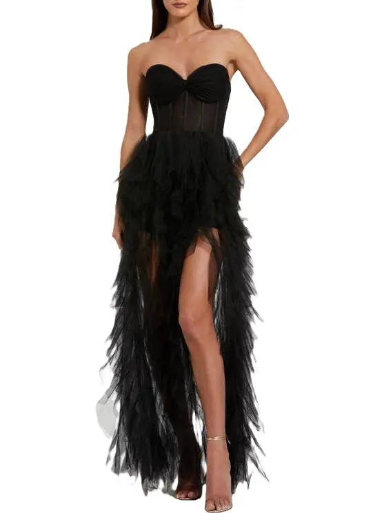 Mac Duggal Strapless Bustier Net Gown With Spiral Ruffles - Black