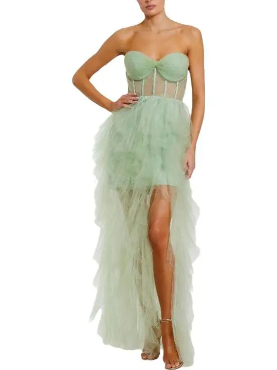 Mac Duggal Strapless Bustier Net Gown With Spiral Ruffles - Sage