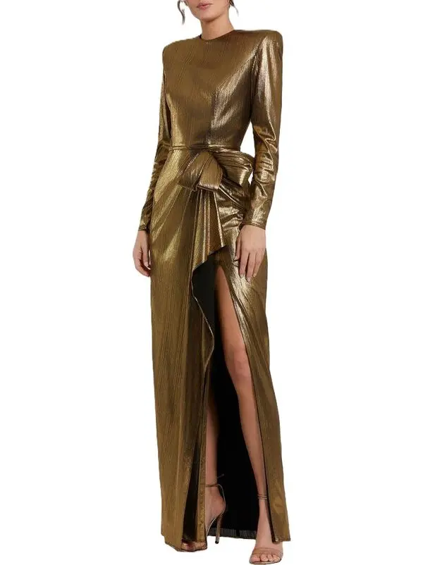 Mac Duggal Metallic Jersey Gown With Bow - Antique Gold