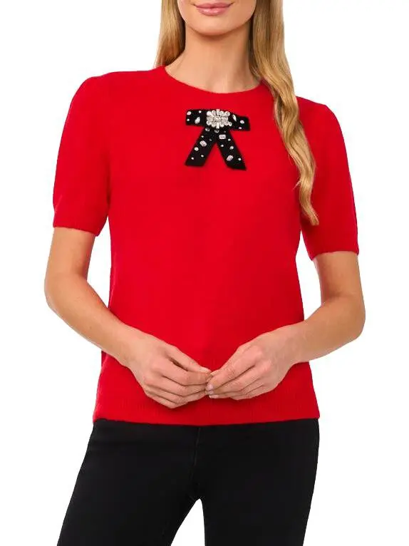 CECE DUPRAZ Embellished Velvet Bow Sweater - Bright Cherry