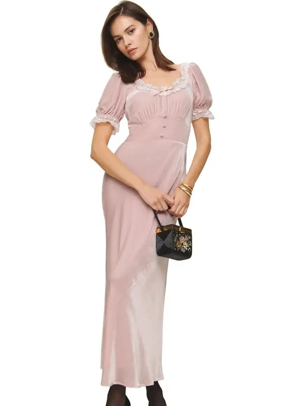REFORMATION Adessa Velvet Midi Dress - Pink