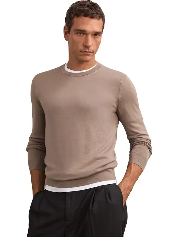 REISS Wessex Merino Wool Crew Neck Jumper - Camel Brown