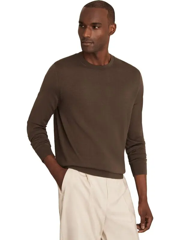 REISS Wessex Merino Wool Crew Neck Jumper - Chocolate Brown