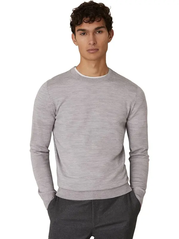 REISS Wessex Merino Wool Crew Neck Jumper - Soft Grey Mouli