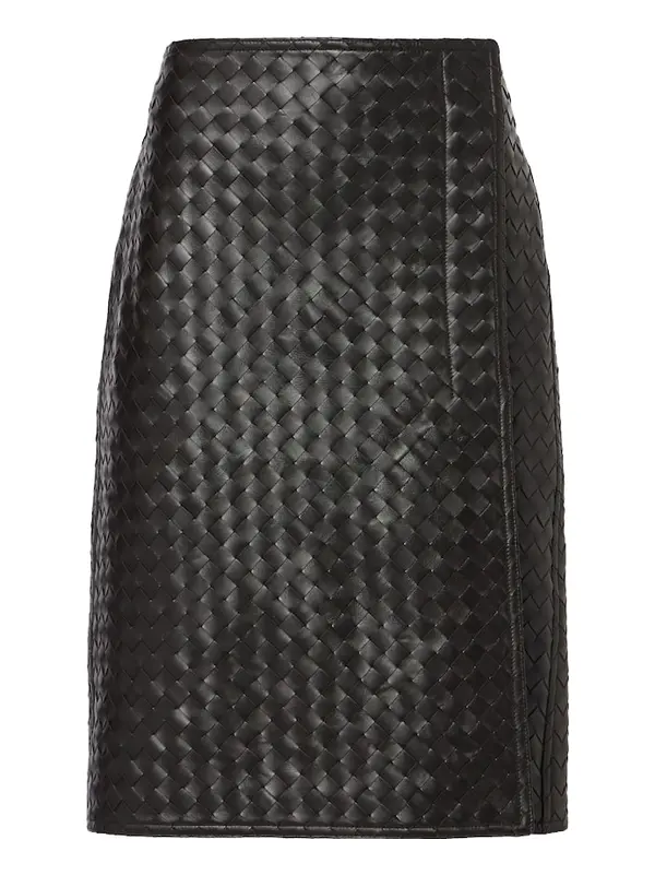 Bottega Veneta Intrecciato Leather Midi Skirt - Brown