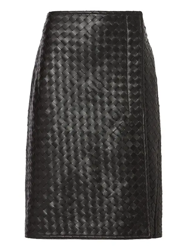 Bottega Veneta Intrecciato Leather Midi Skirt - Brown