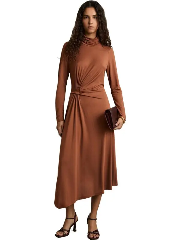 REISS Casey Draped Jersey Midi Dress - Camel