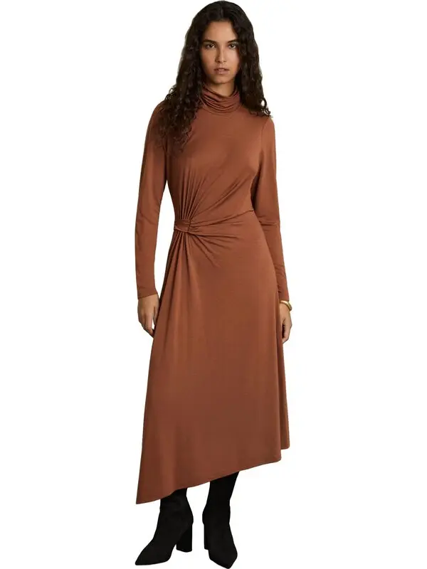 REISS Casey Draped Jersey Midi Dress - Camel