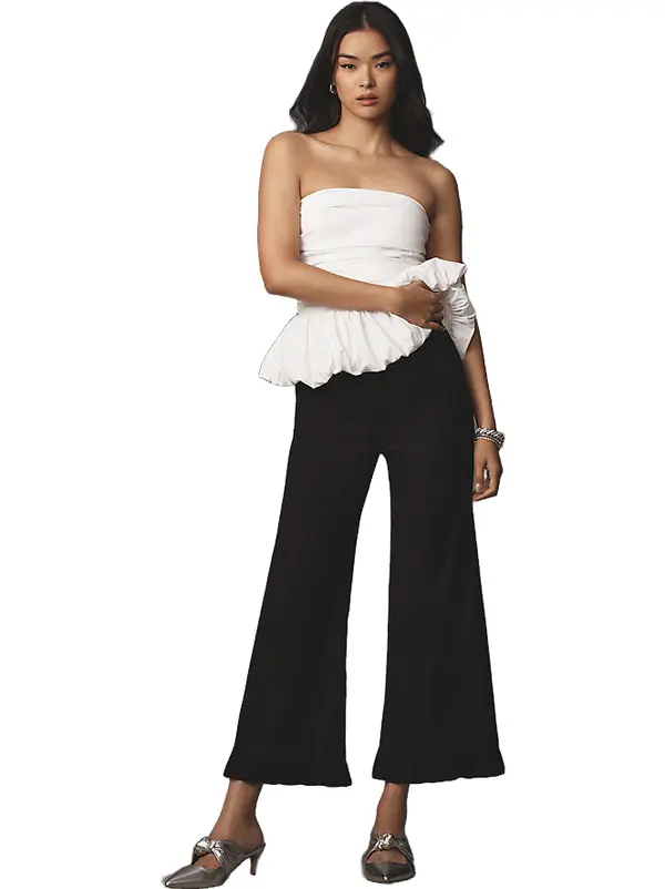 Maeve The Colette Magic Fabric Ruffle-hem Crop Wide-leg Pants - Black