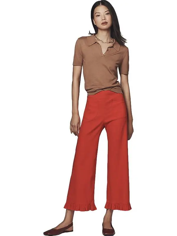 Maeve The Colette Magic Fabric Ruffle-hem Crop Wide-leg Pants - Cherry Bomb