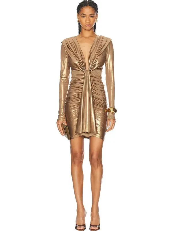 Lapointe Coated Jersey Deep V-neck Mini Dress - Pale Gold