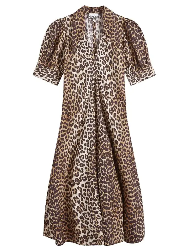 GANNI Printed Poplin Midi Dress - Leopard