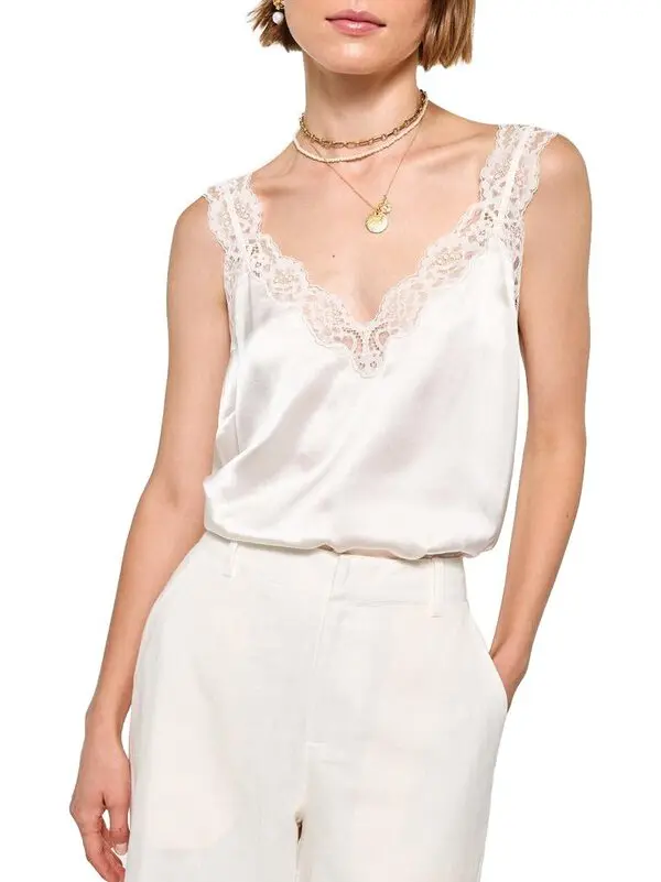 Cami Nyc Fernanda Lace Trim Silk Charmeuse Tank - Macadamia