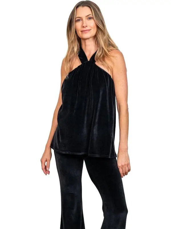 JJWINKS Cosmo Built-in Shelf Velour Halter Top - Black