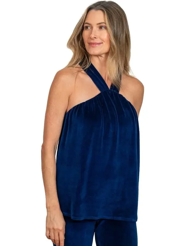 JJWINKS Cosmo Built-in Shelf Velour Halter Top - Sapphire