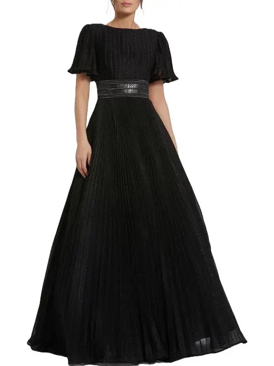 Mac Duggal Pleated Shimmering Georgette Flutter Sleeve Gown - Black