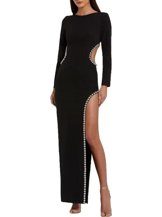 Mac Duggal Crepe Long Sleeve Gown With Beaded Cut Outs - Black