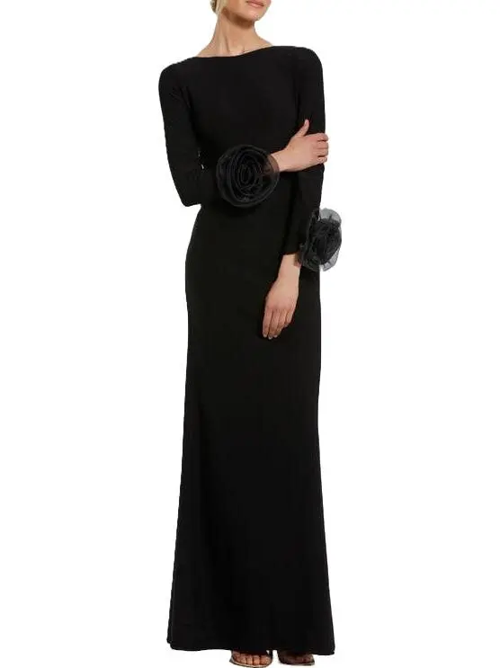 Mac Duggal Fitted Jersey Gown With 3d Floral Accents - Black
