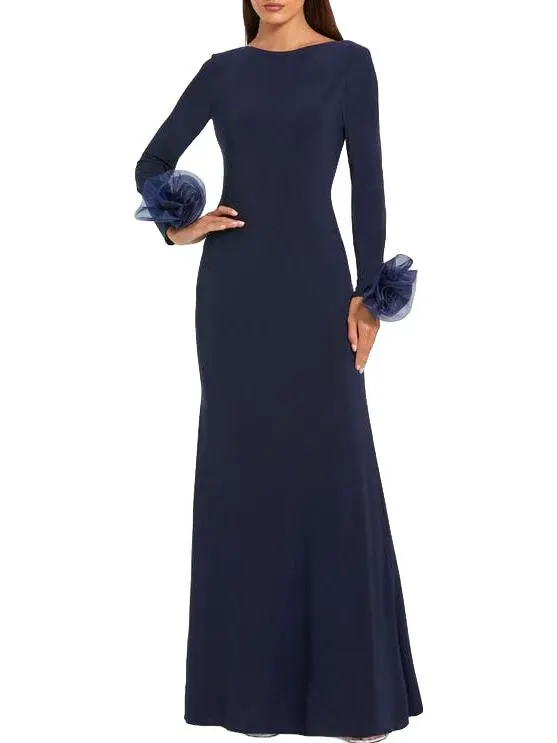 Mac Duggal Fitted Jersey Gown With 3d Floral Accents - Midnight