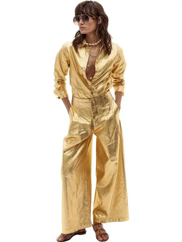 Lanhtropy Culotte Metallic Linen Pants - Gold