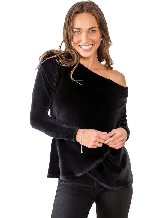 JJWINKS Velour Off-the-shoulder Long Sleeve Top With Shelf - Black
