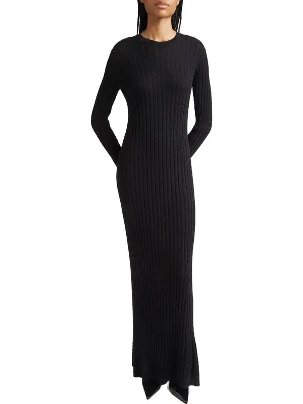 TOTÊME Long Sleeve Cable Knit Wool Merino Wool Sweater Dress - Black